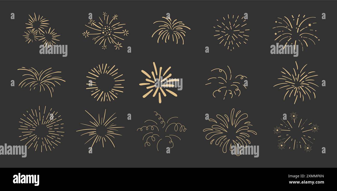 Set gold fireworks, firecrackers golden burst, rays festive doodle ...