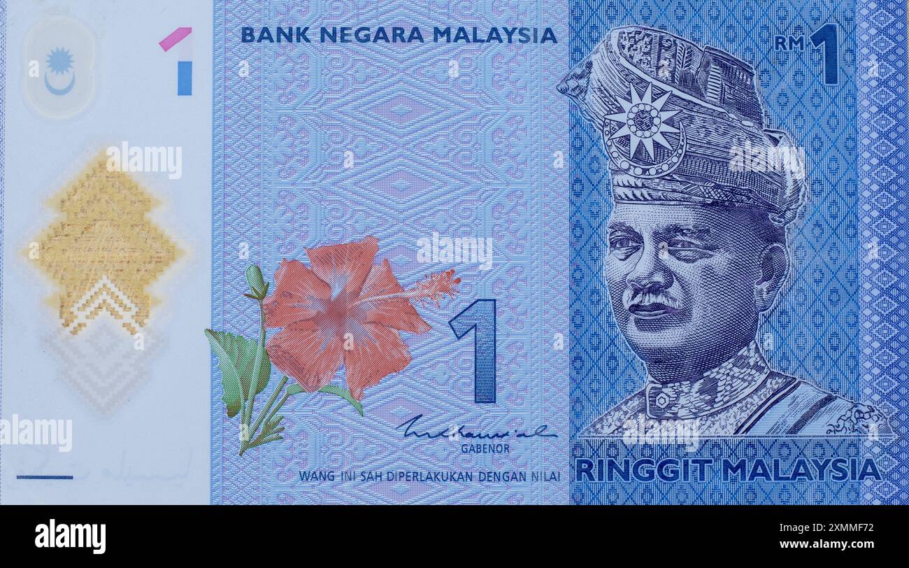 The bright blue polymer plastic banknote of 1 Malaysian Ringgit ...