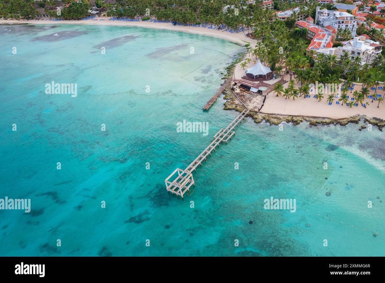 Dominican Republic Bayahibe beach, Aerial view of crystal clear sea ...