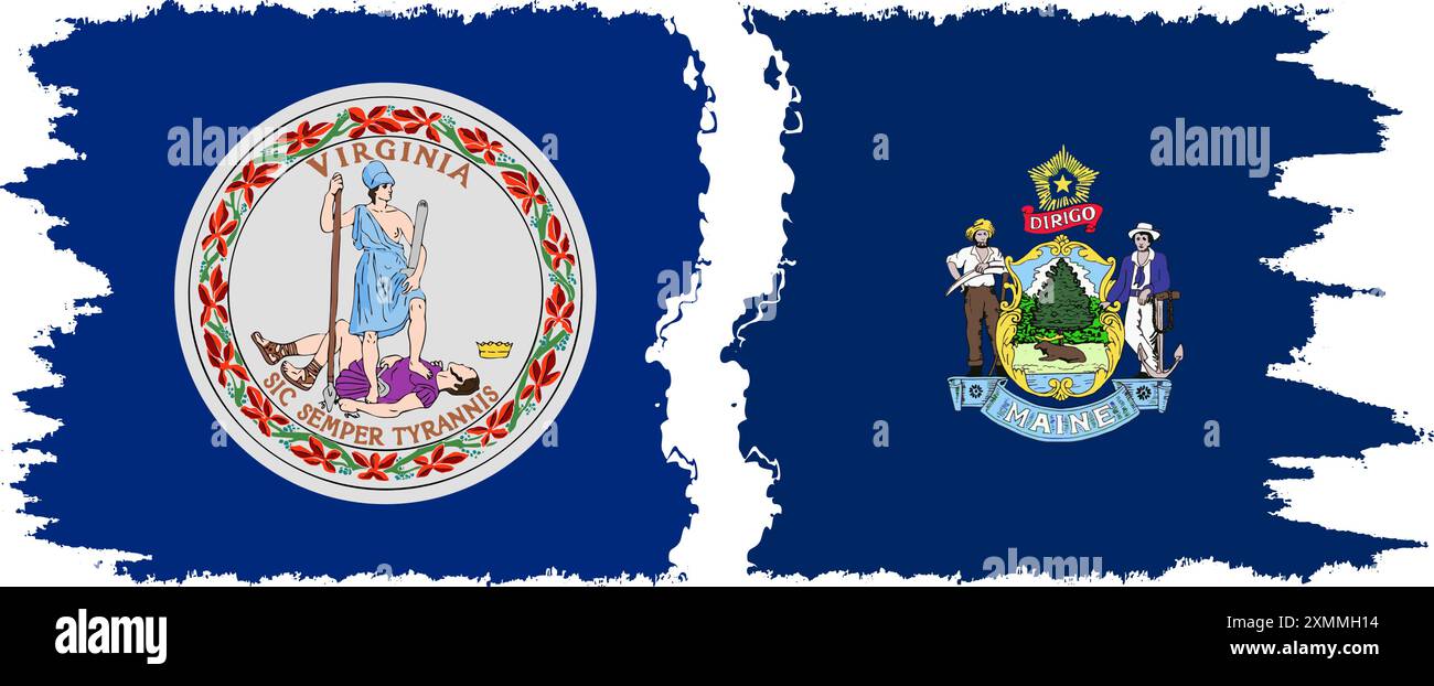 Maine and Virginia states grunge brush flags connection, vector Stock ...