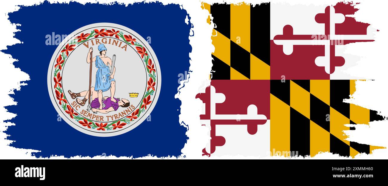 Maryland and Virginia states grunge brush flags connection, vector ...