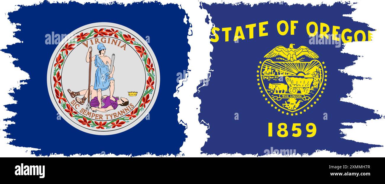 Oregon and Virginia states grunge brush flags connection, vector Stock ...