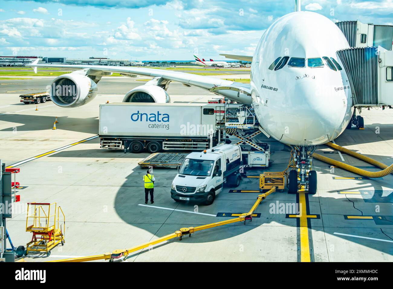 An airbus A380 being resupplied at the gate in terminal 3 at Heathrow ...