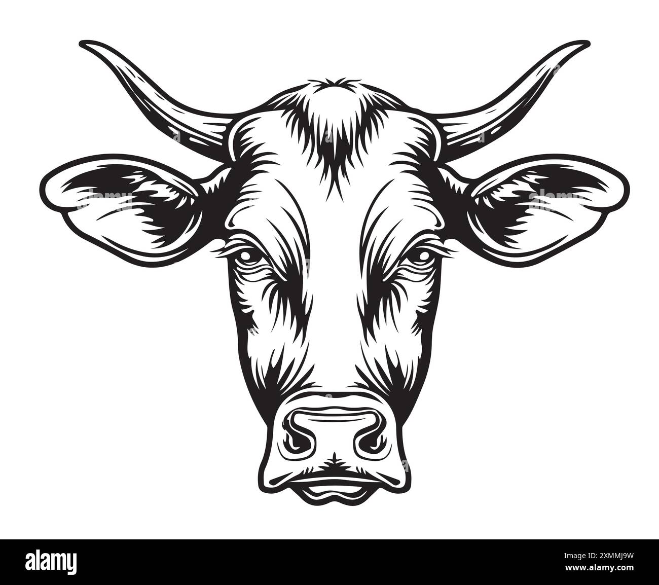 Farm cow head logo sketch hand drawn line art engraving Vector ...