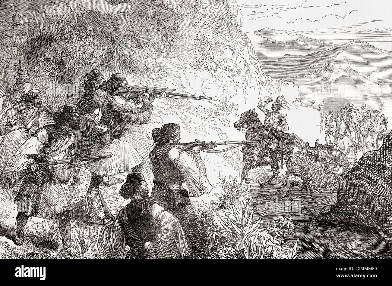 The attack on British travellers by Greek brigands, 1870. Three British ...