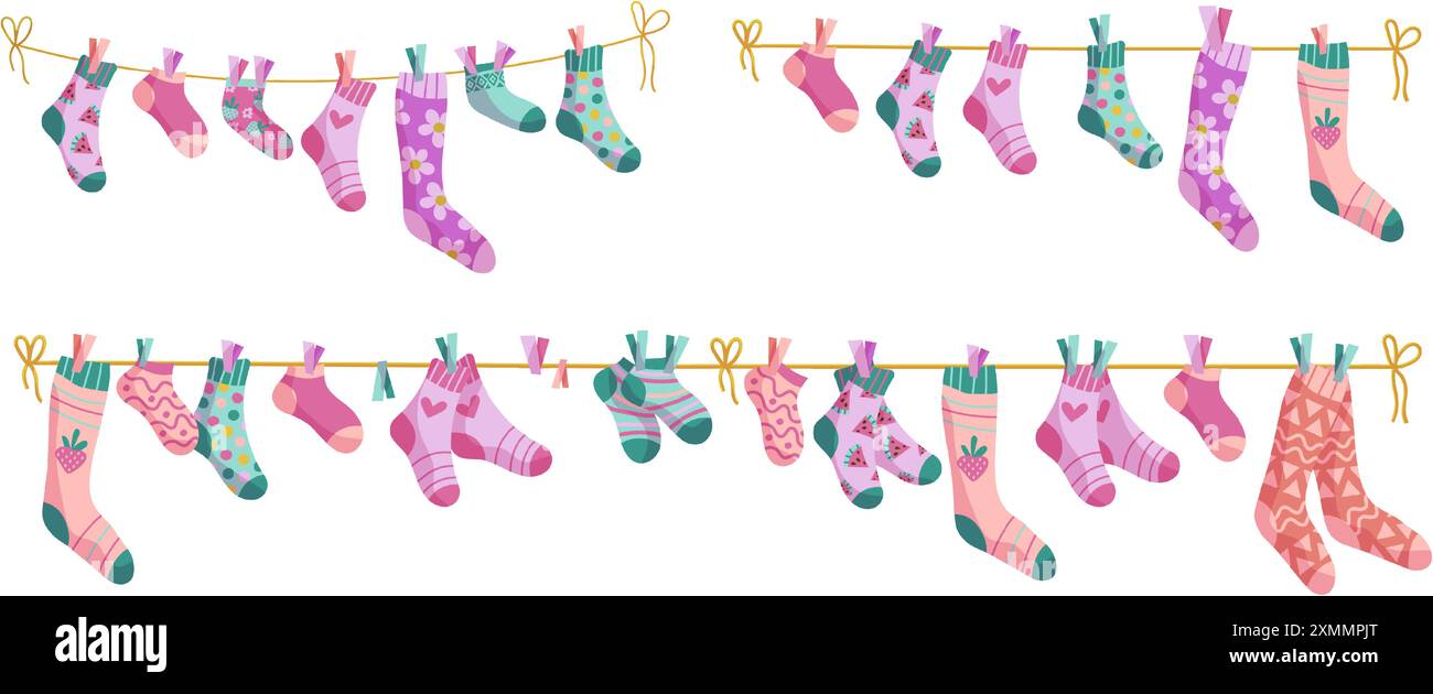 Clothesline socks illustration set. Socks on a rope, Baby socks with ...