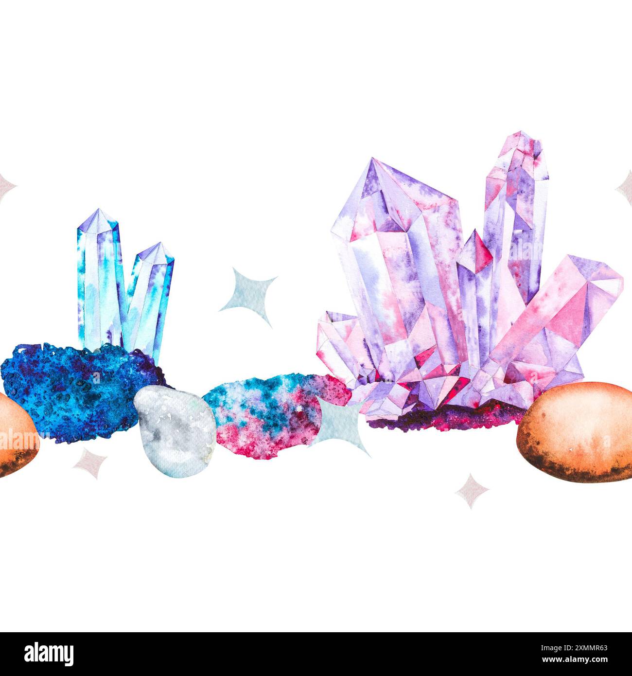 Seamless border of beautiful watercolor crystals and stones. Rainbow ...