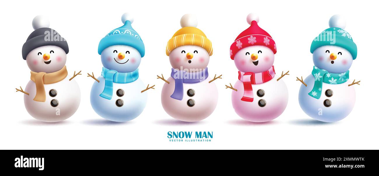 Christmas snowman characters vector set design. Snow man 3d character ...