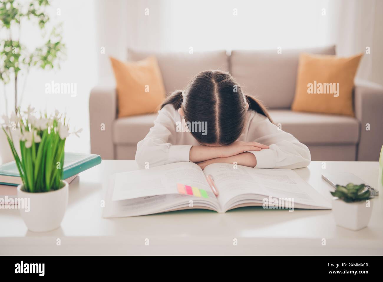 Photo portrait of cute adorable girl tired do homework sleep cry remote ...