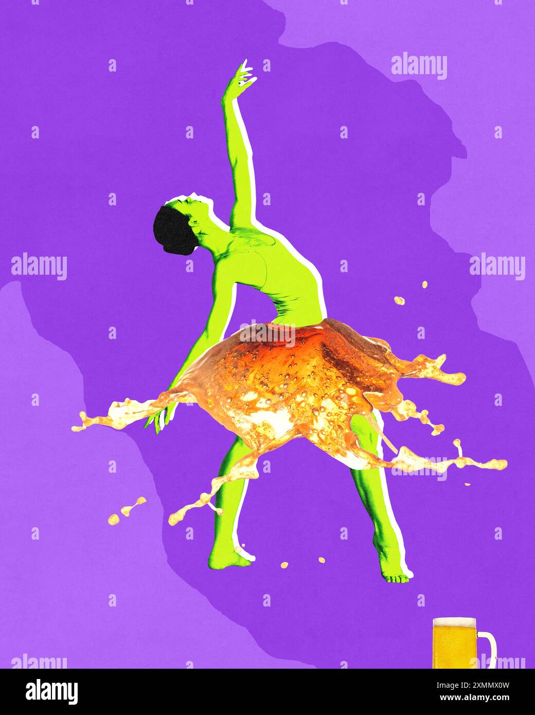 Poster. Contemporary art collage. Green-toned ballerina dancing in beer ...