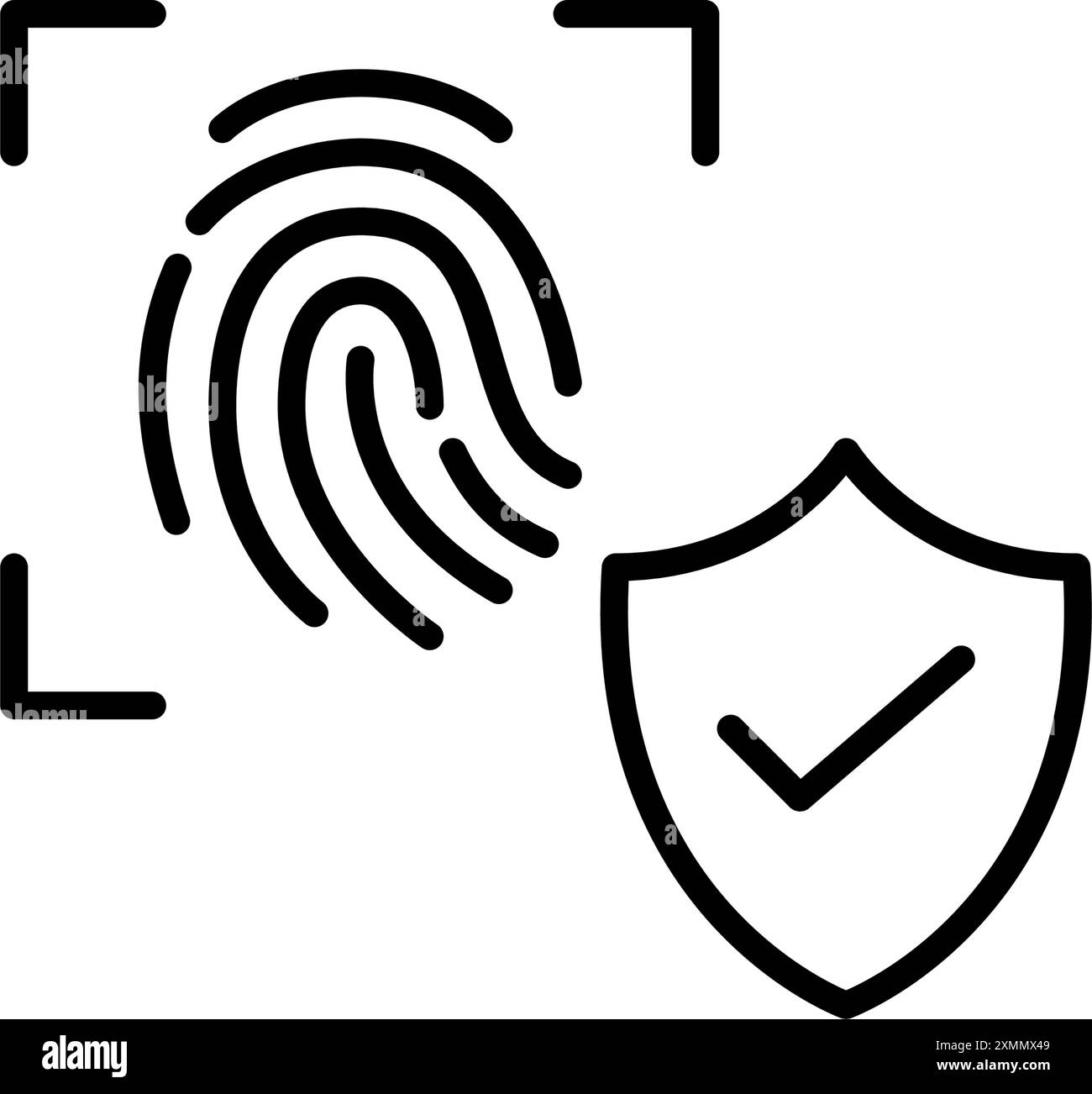 Fingerprint scan and shield with checkmark. Secure biometric entry and identity verification ...
