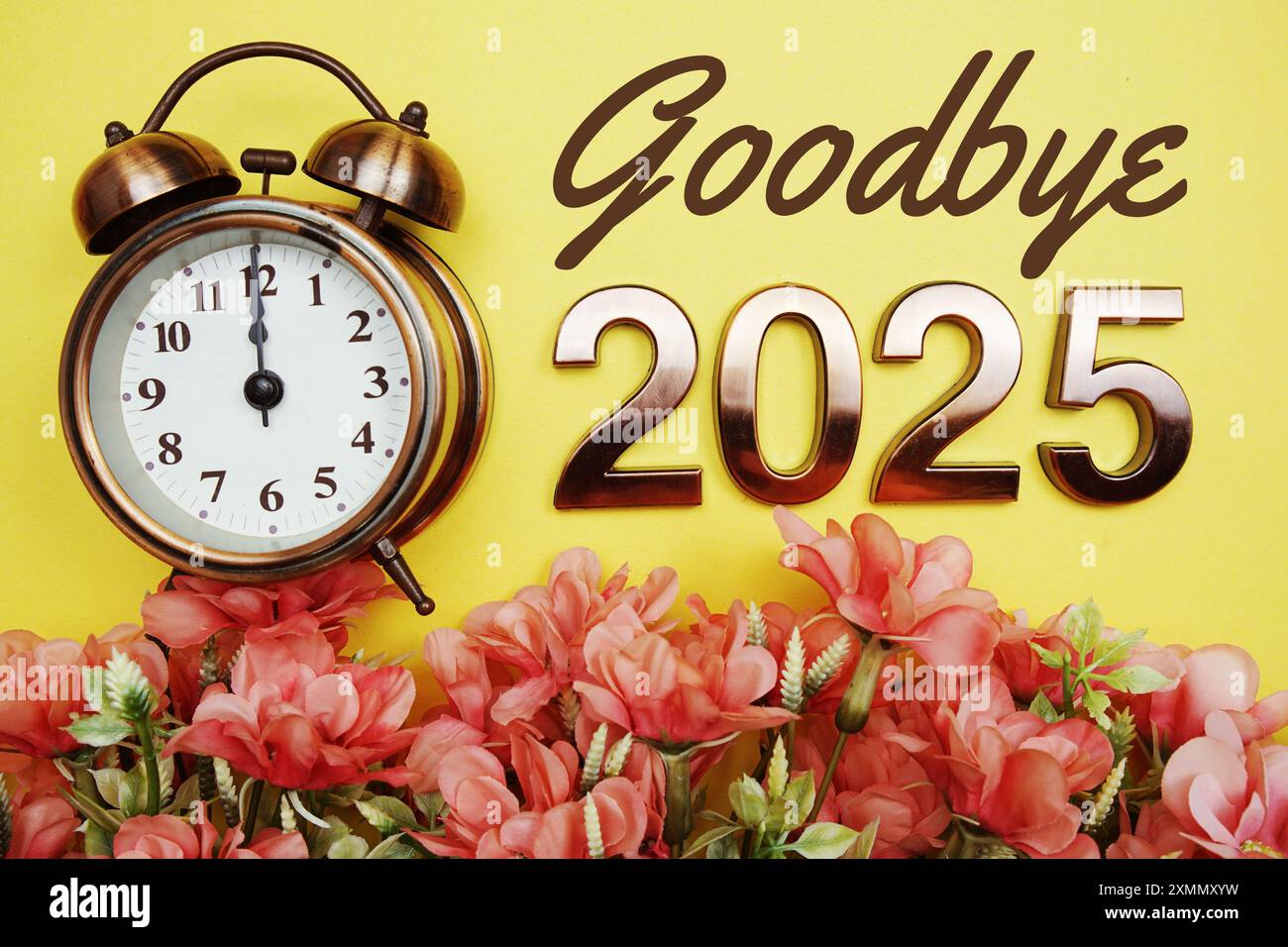 Goodbye 2025 text with alarmclock and flower decoration on yellow ...