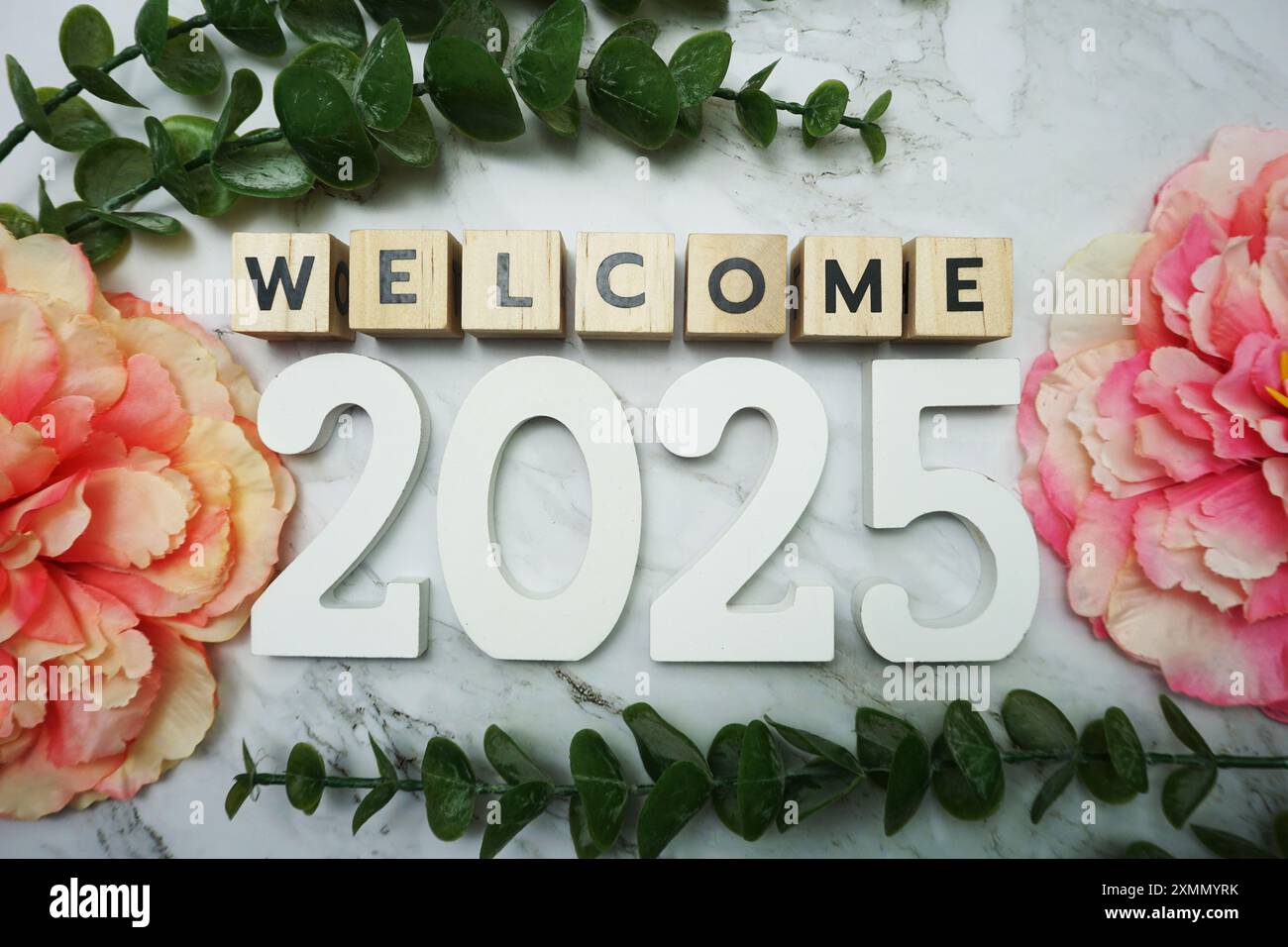 Welcome 2025 alphabet letters on marble background Stock Photo - Alamy