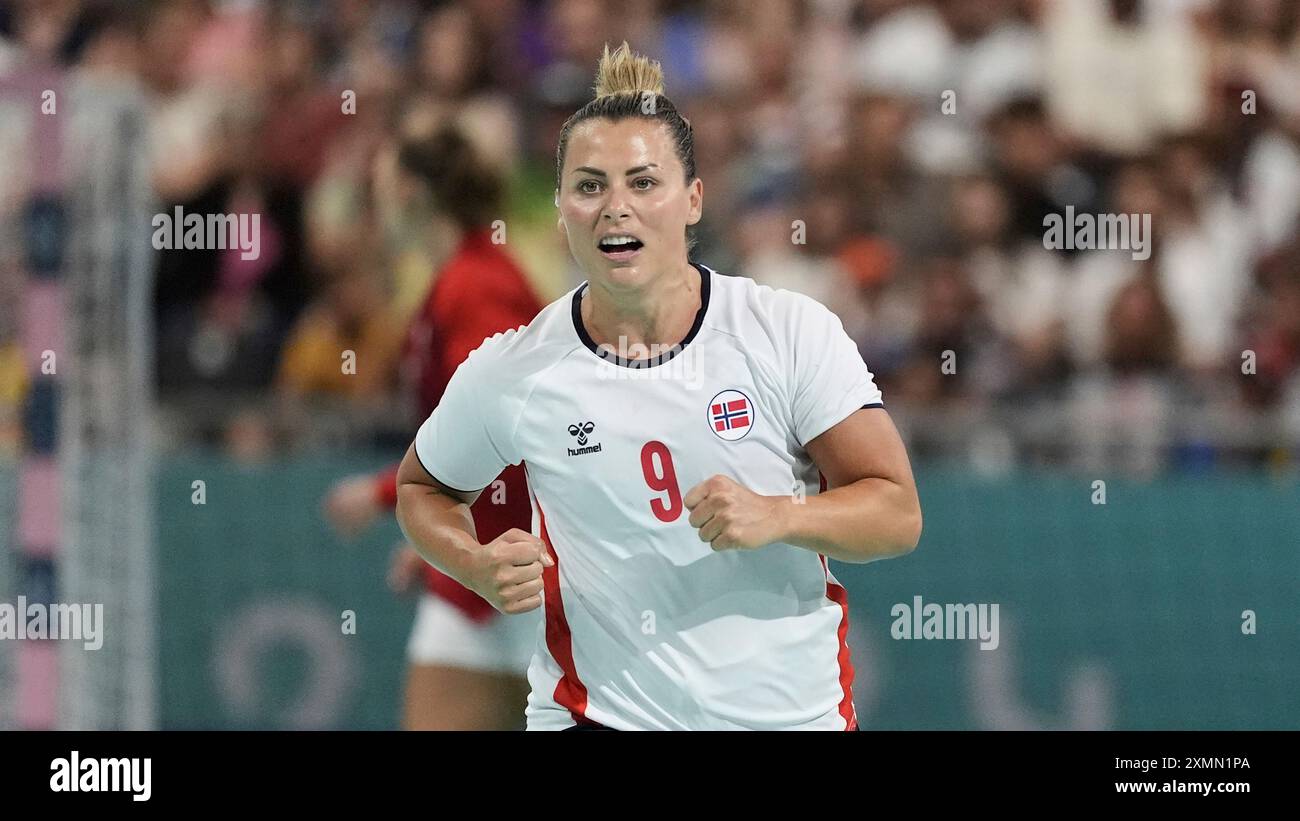 Nora Mork, of Norway,during a women's handball match at the 2024 Summer Olympics, Sunday, July ...
