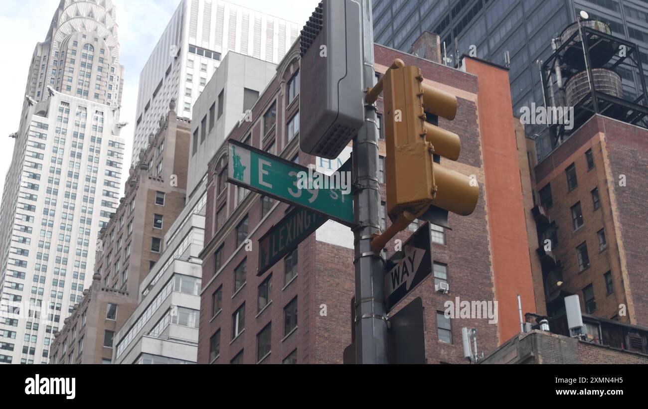 New York City crossroad, Lexington street intersection road sign post ...