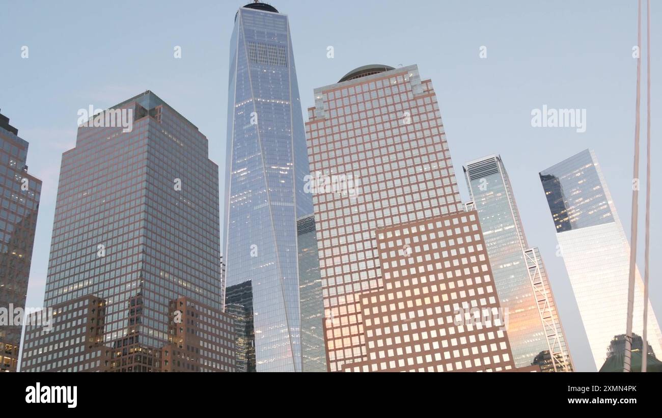 New York City skyline from ferry boat. Manhattan downtown. World Trade ...