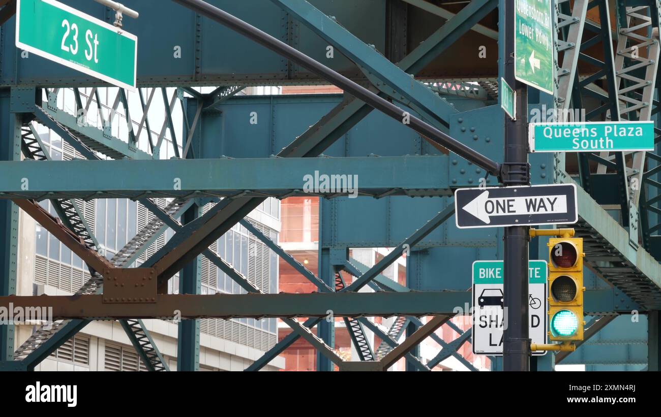New York elevated subway, metropolitan bridge, metro track above street ...