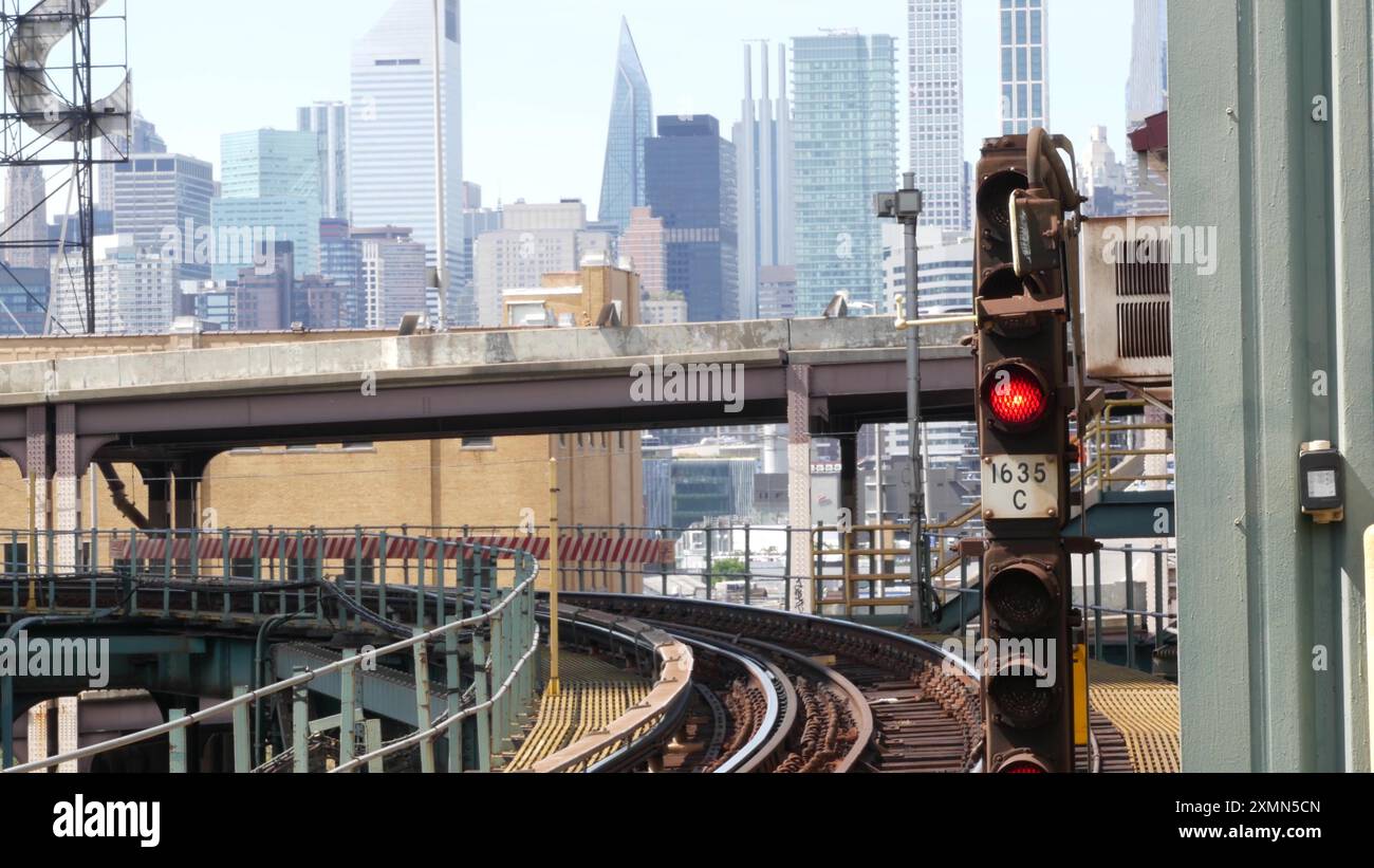 New York elevated subway, metropolitan bridge, metro track above street ...