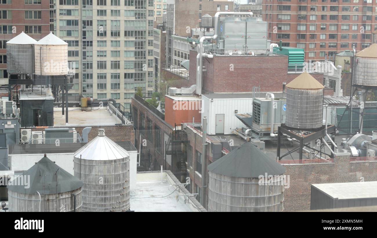New York City Manhattan cityscape. Rooftop water towers from view point ...