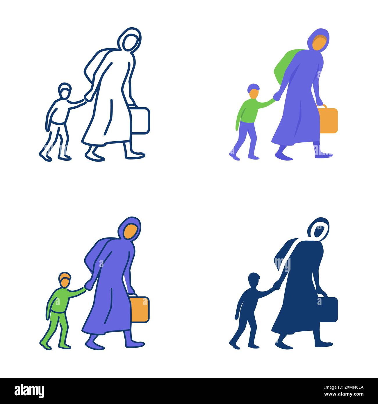 Migrants or refugees icon set in flat and line style. Relocation of ...