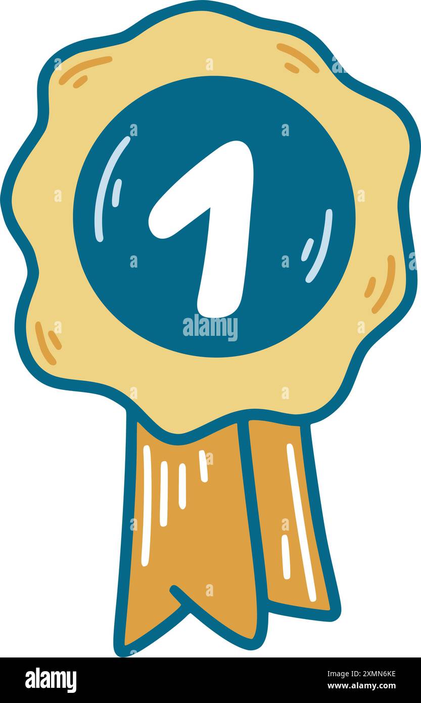 Hand drawn gold medal icon with ribbon and number one. Winner award ...