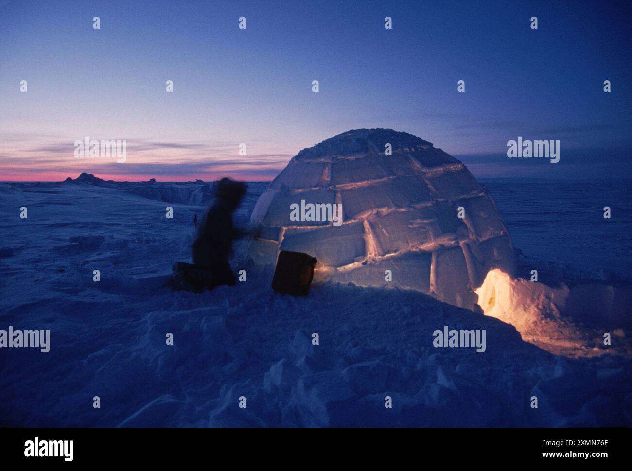 Hunters build igloo at dusk, Nunavut, Canada Stock Photo - Alamy