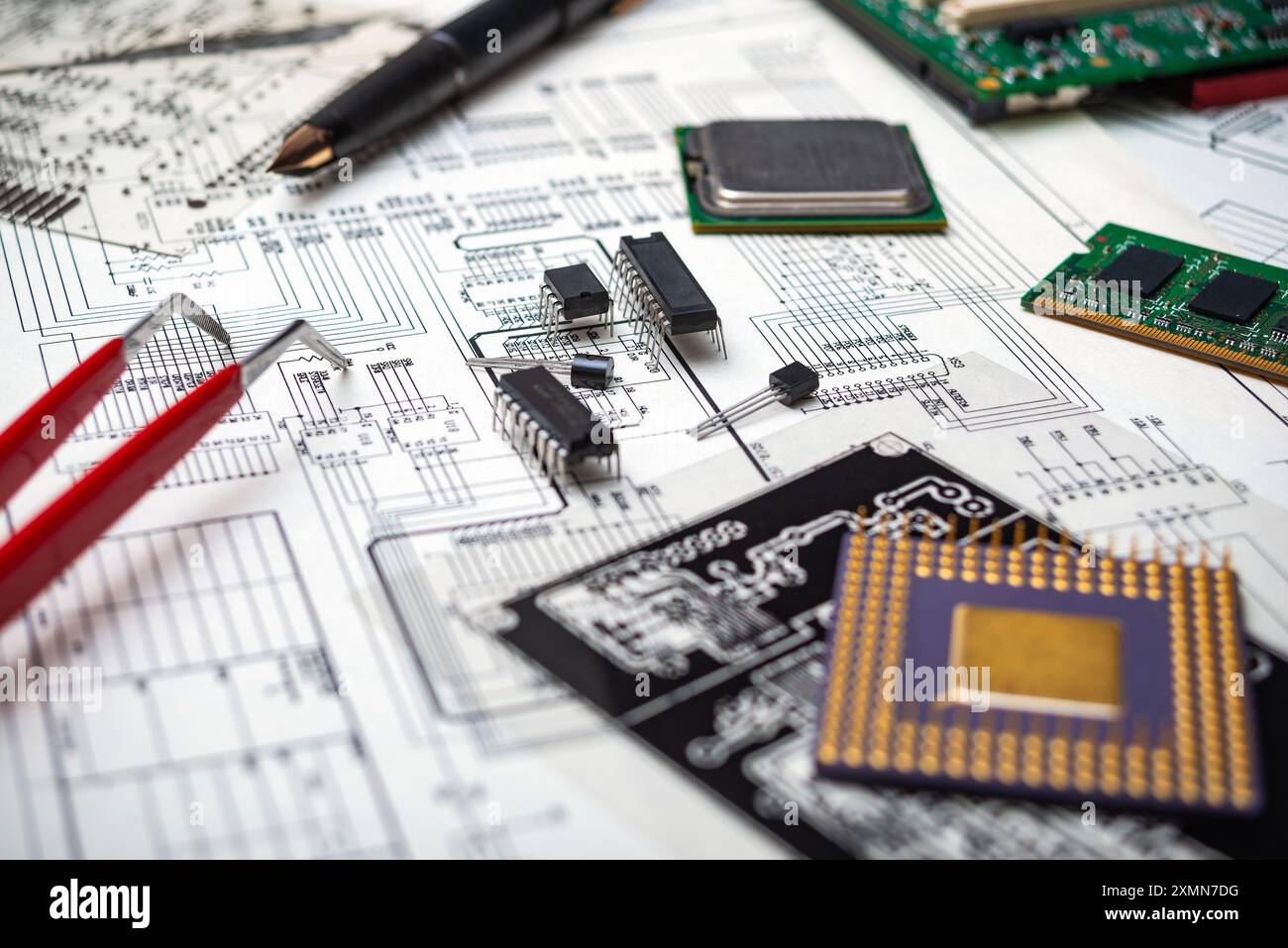 Electronic components and tools on an engineering blueprint for circuit ...
