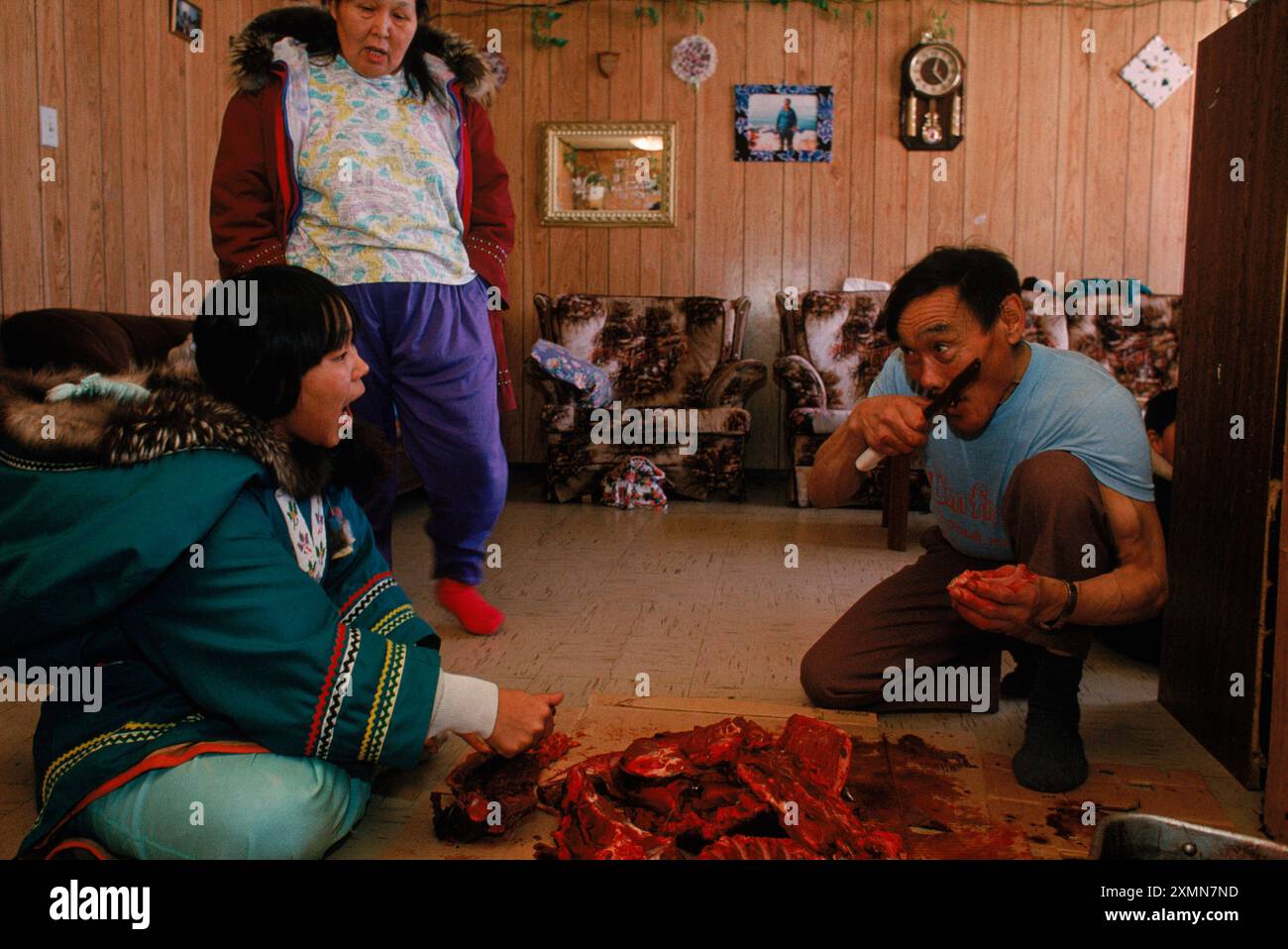 Family enjoys fresh caribou at home, Igloolik, Nunavut, Canada Stock ...
