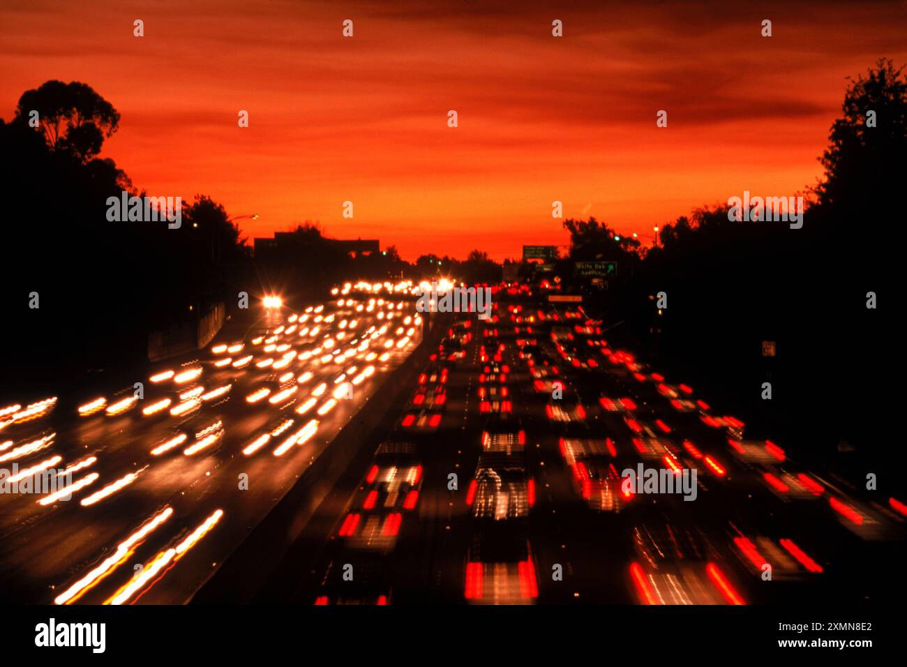 View of downtown Los Angeles traffic looking north from intersection of ...