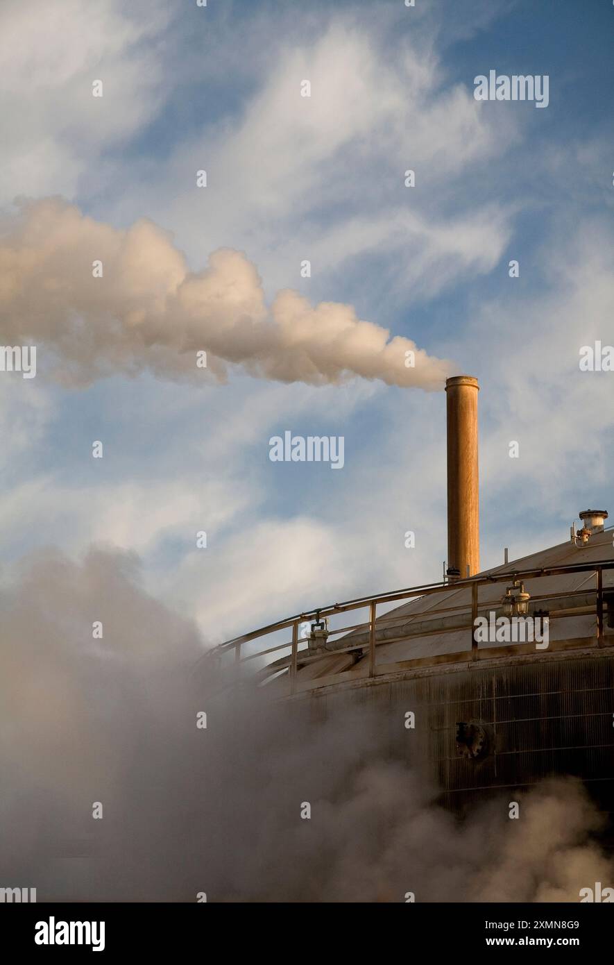 Geothermal plant surrounded by steam in early morning light Stock Photo ...