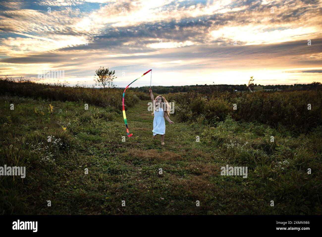 Happy young girl running through field colorful streamer Stock Photo ...