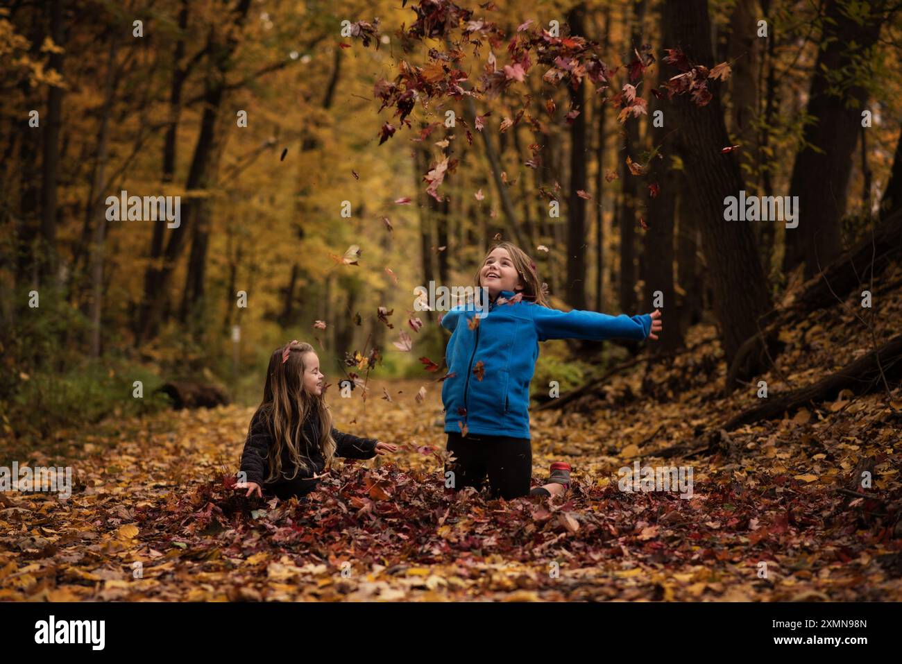 Happy young sisters playing in colorful leaf pile in fall Stock Photo ...