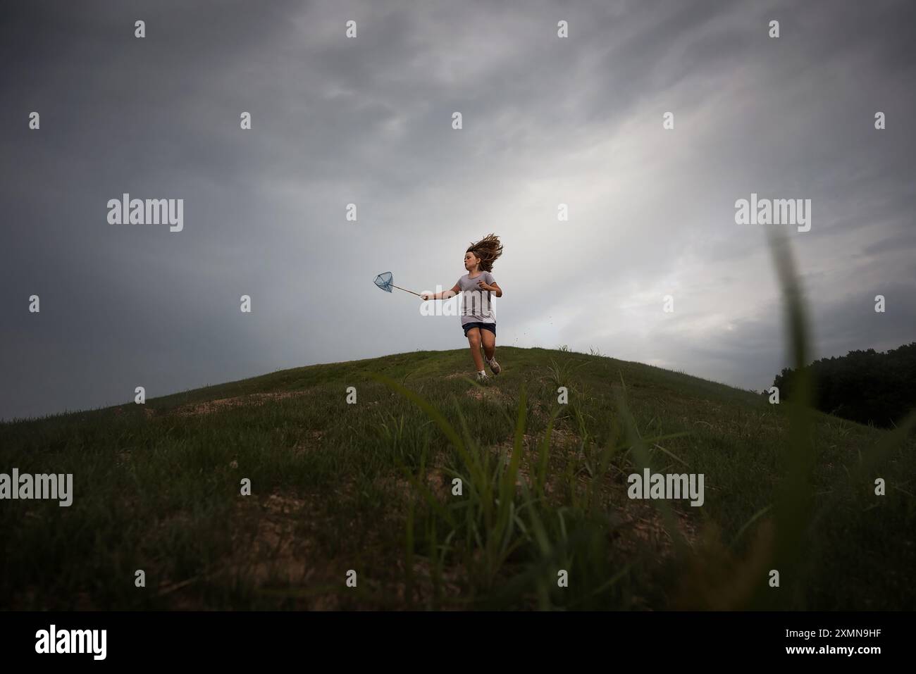 Young girl running down hill with bug net Stock Photo - Alamy