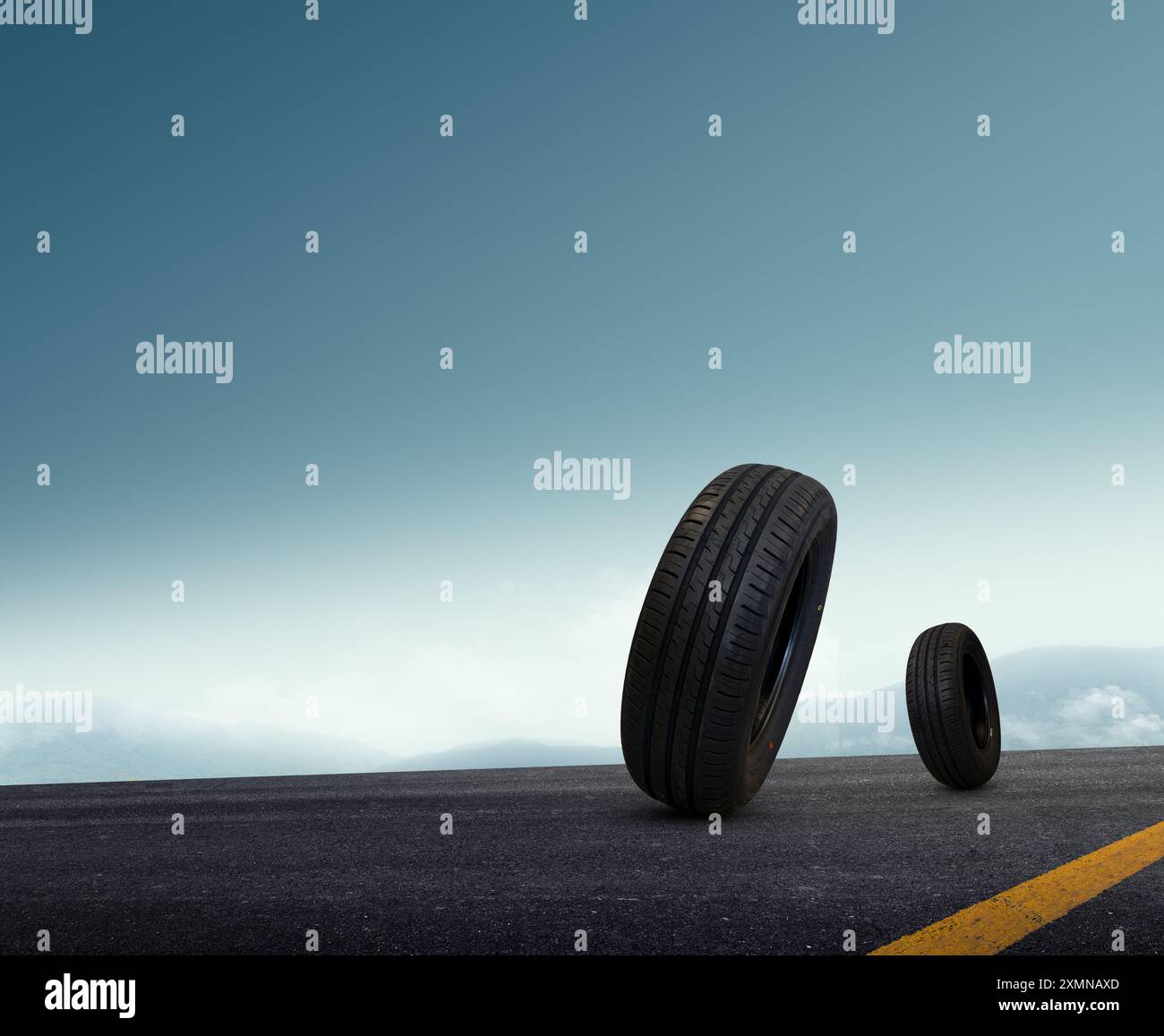 Stack of Tires on an Empty Road with Blue Sky Background Stock Photo ...