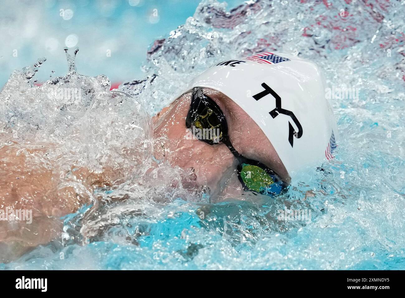 Bobby Finke, of the United States, competes during a heat in the men's ...