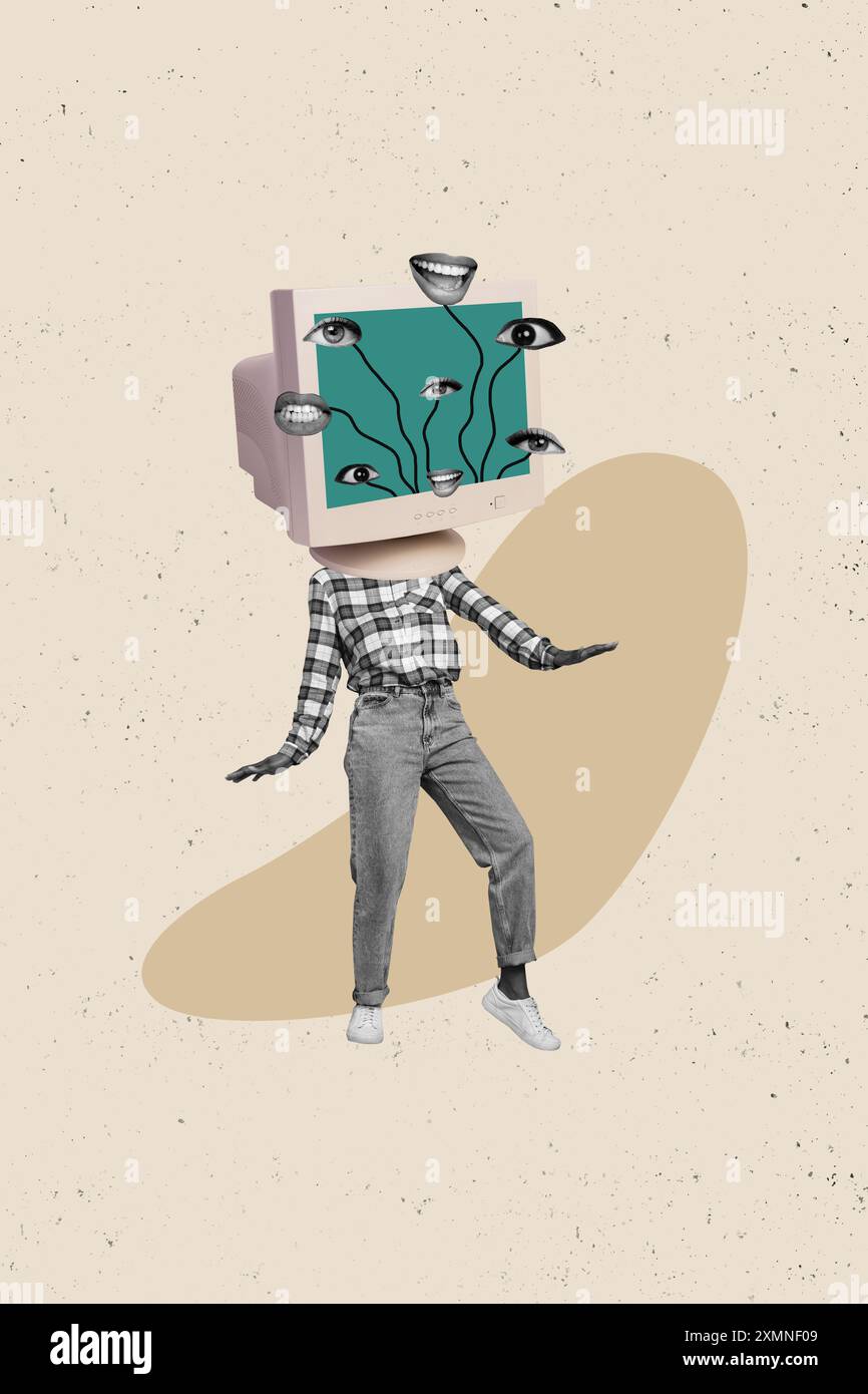 Composite collage image of funny female monitor computer instead head ...