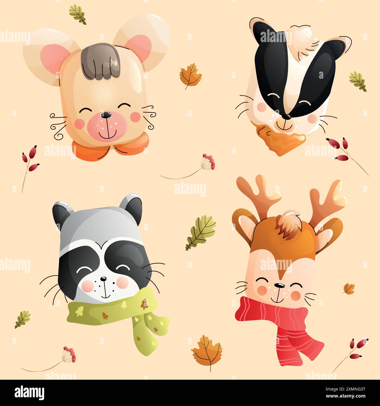 Children cute forest animals set with autumn elements. A collection of ...