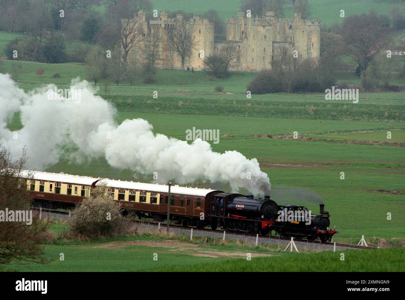 Steam train passing Corfe Castle in Dorset on a special excursion in ...