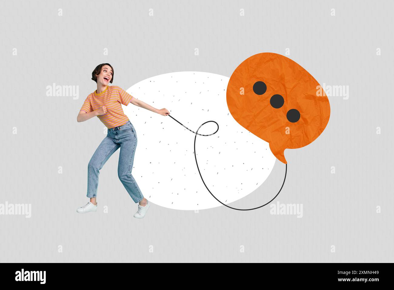 Composite photo collage of happy girl carry rope text box bubble ...