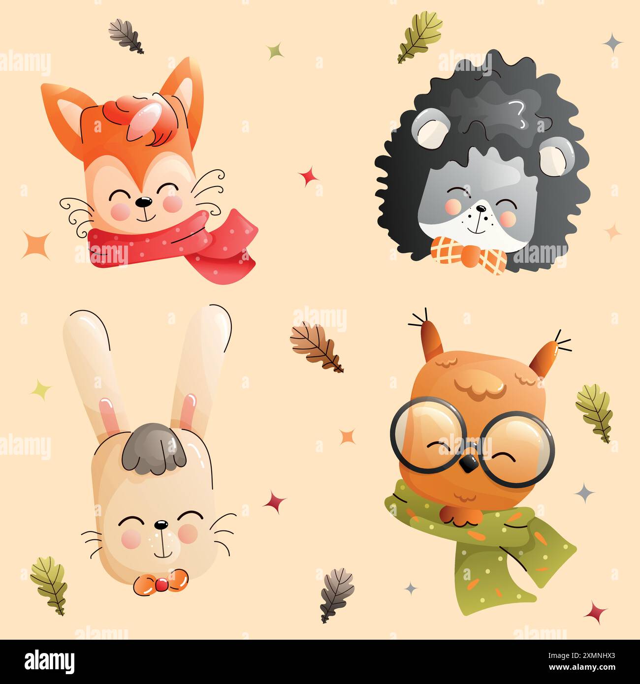 Children cute forest animals set with cozy scarves. Collection features ...