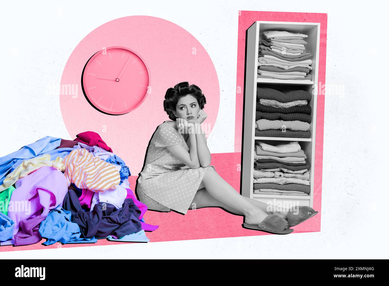 Creative poster collage young houseworker woman bunch clothes laundry ...