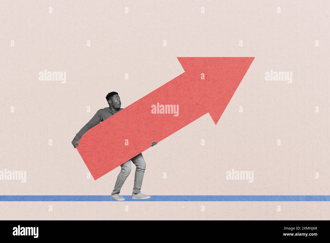 Composite photo collage of astonished american man hold big arrow ...