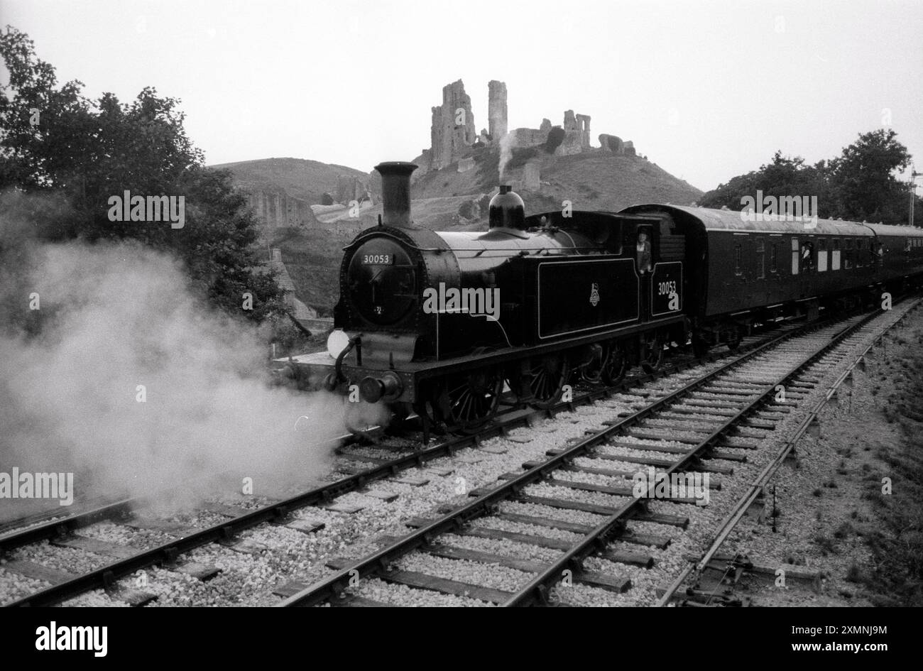 Drummond M7 class 0-4-4T train at Corfe Castle on Swanage railway ...