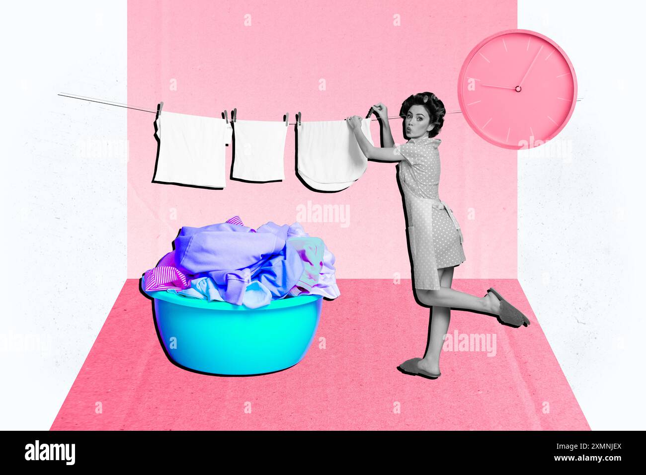 Creative collage picture young houseworker hanging clothers bunch ...