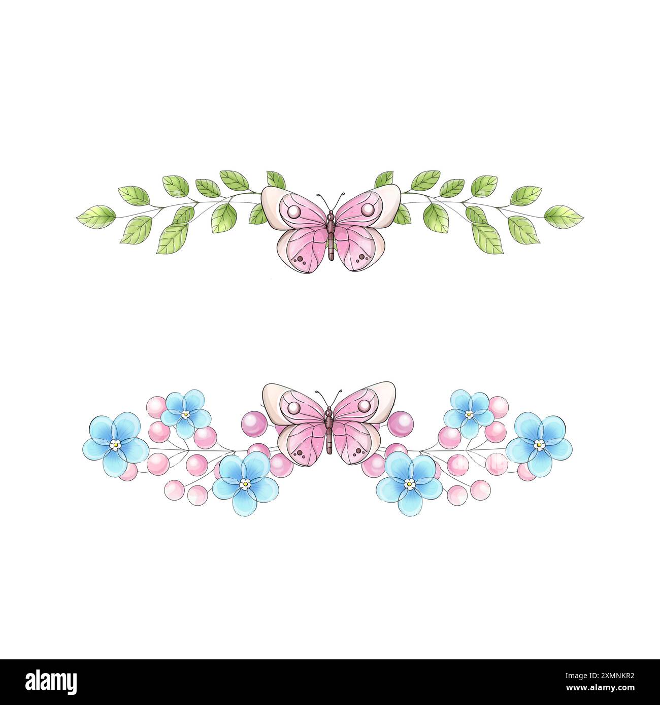 Watercolor springtime pattern. romantic border with butterfly and ...