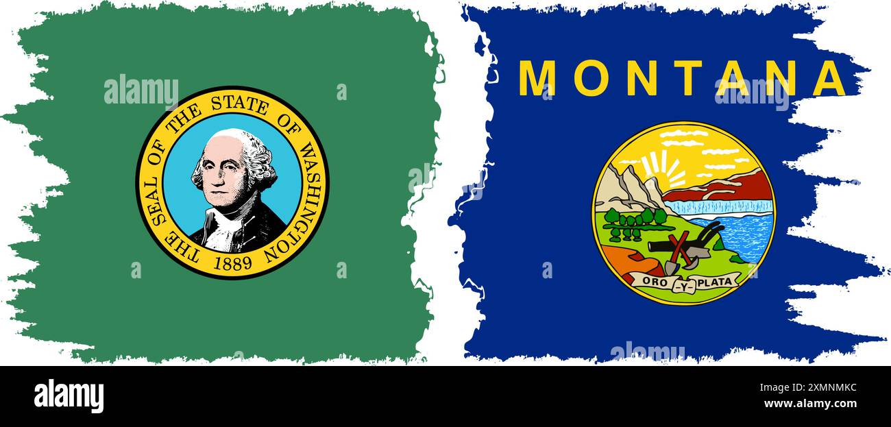 Montana and Washington states grunge brush flags connection, vector ...