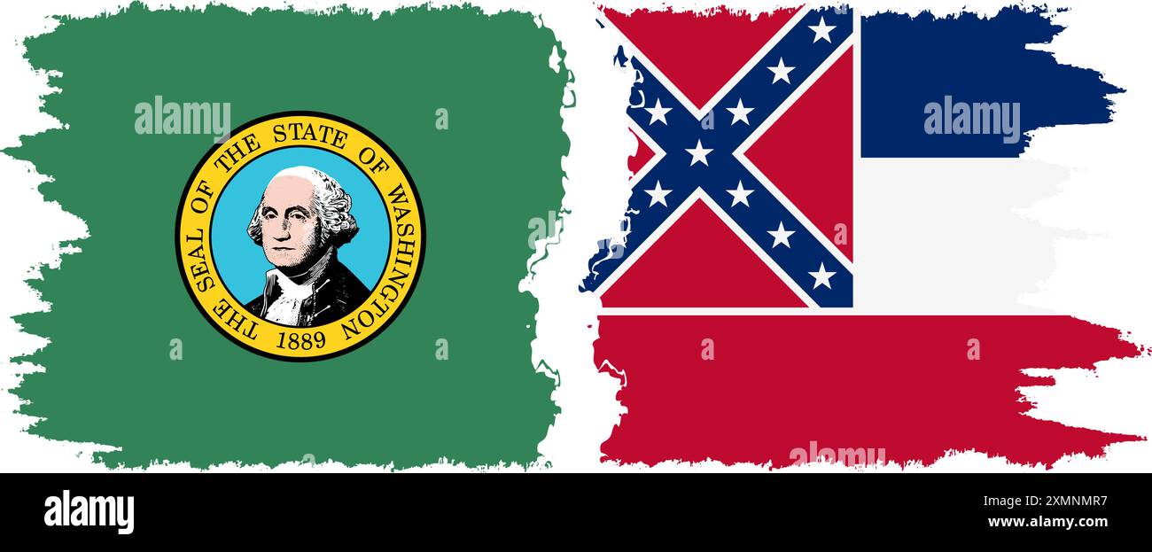 Mississippi and Washington states grunge brush flags connection, vector ...