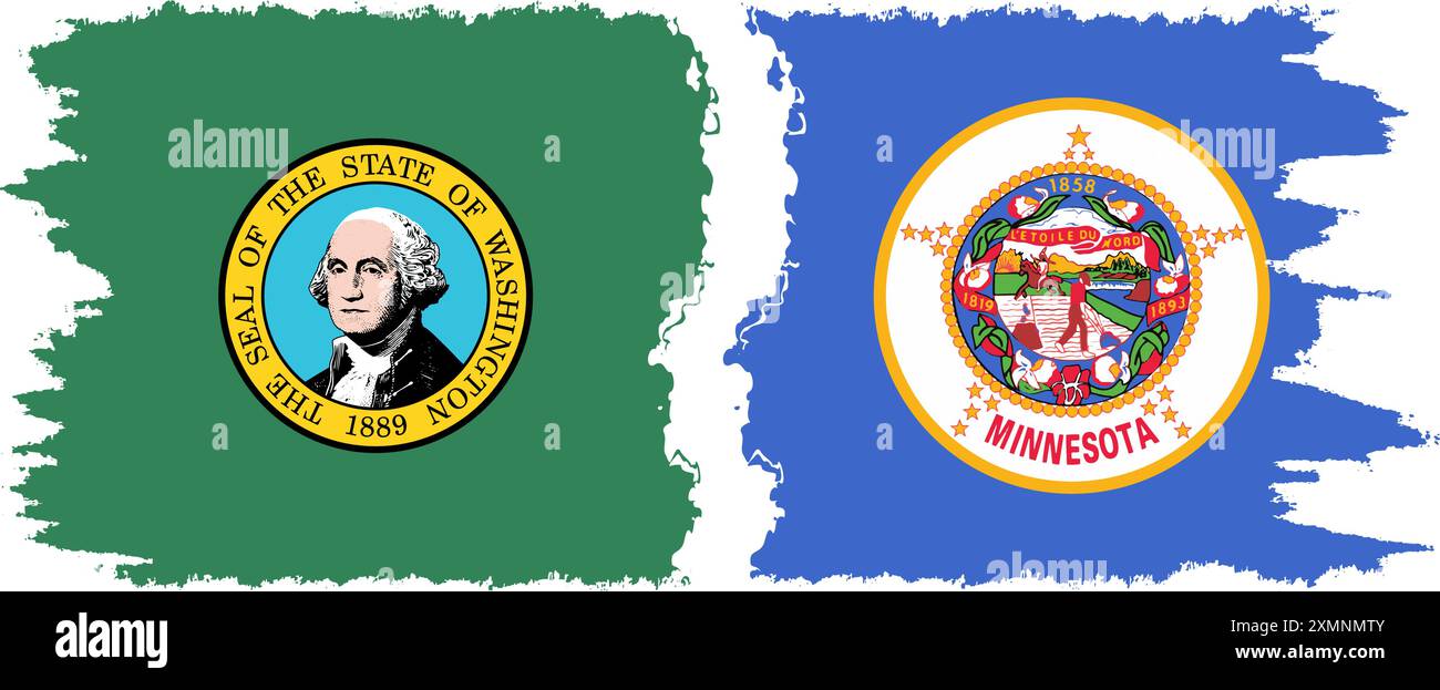 Minnesota and Washington states grunge brush flags connection, vector ...