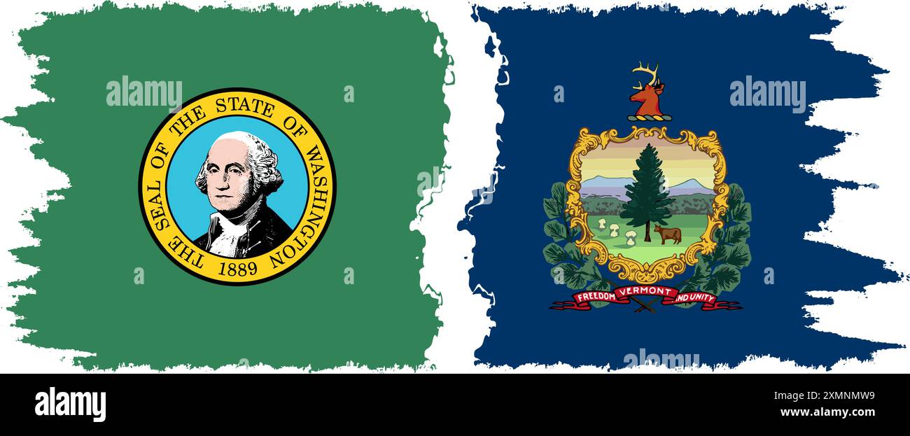 Vermont and Washington states grunge brush flags connection, vector ...