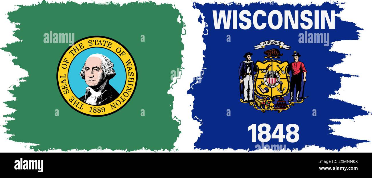 Wisconsin and Washington states grunge brush flags connection, vector ...